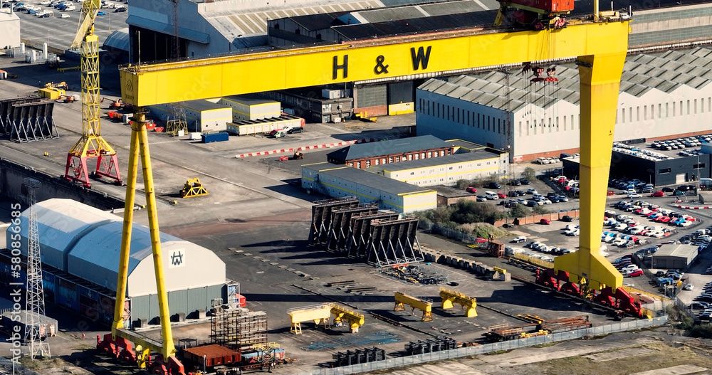 Aerial view of Samson and Goliath Cranes in Harland and Wolff Shipyard ...