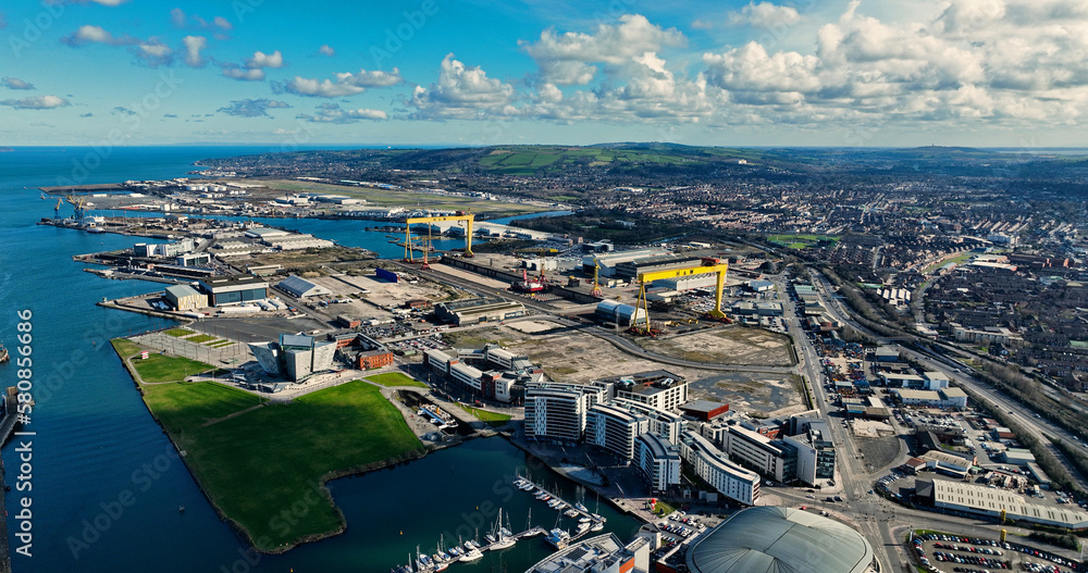 Aerial view of Samson and Goliath Cranes in Harland and Wolff Shipyard ...
