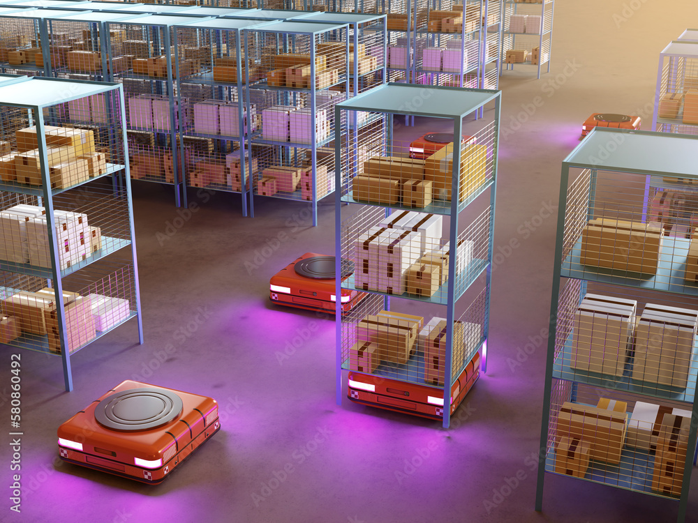 Industrial robots. Storage factory with autonomous machines. Amr and ...