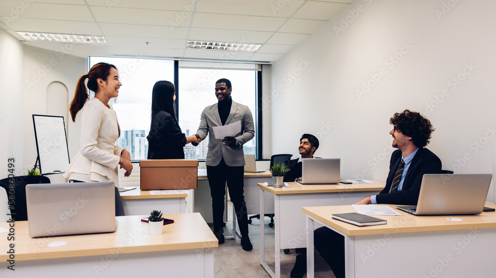 Welcome to new office. Friendly welcoming new employee introducing ...