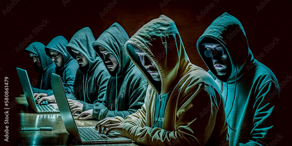 Hackers in a dark room with hoods, busy hacking - Generative AI Stock ...