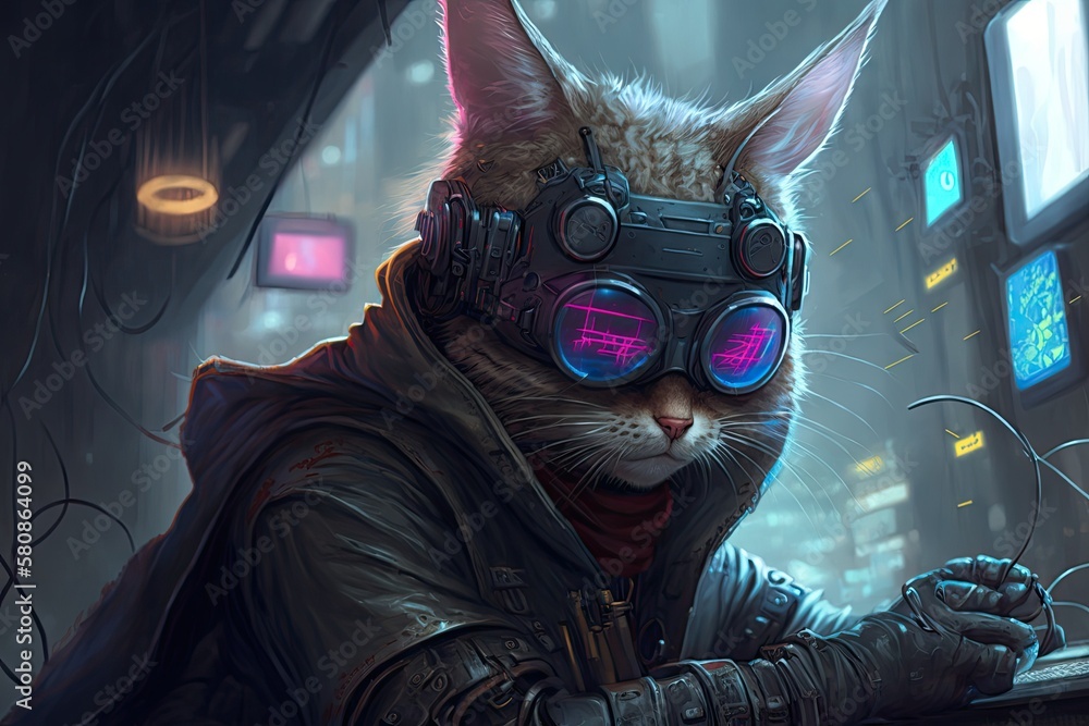 cyberpunk cat hacker googles anime style, generative ai Stock ...