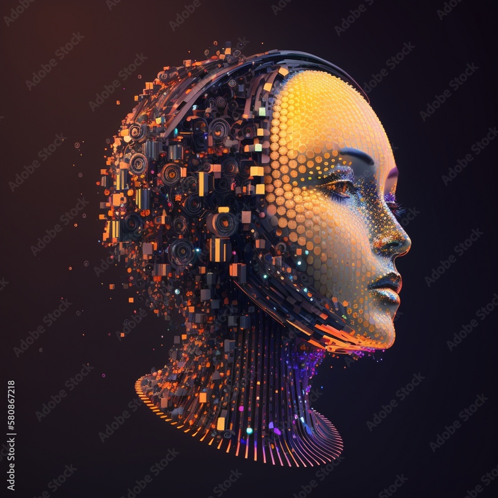 futuristic 3D AI female , made of pixels , neon , generative AI Stock ...