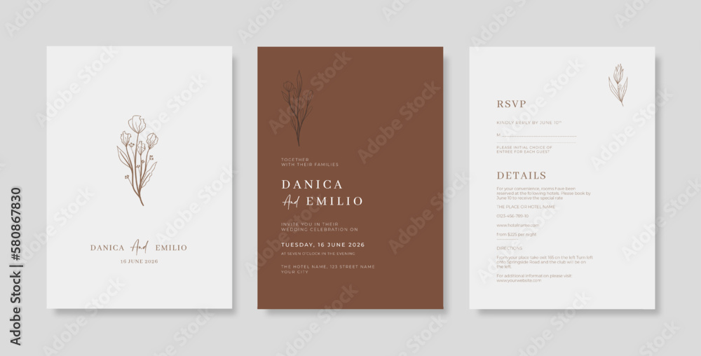 Brown and white wedding card template. Simple and minimalist wedding ...