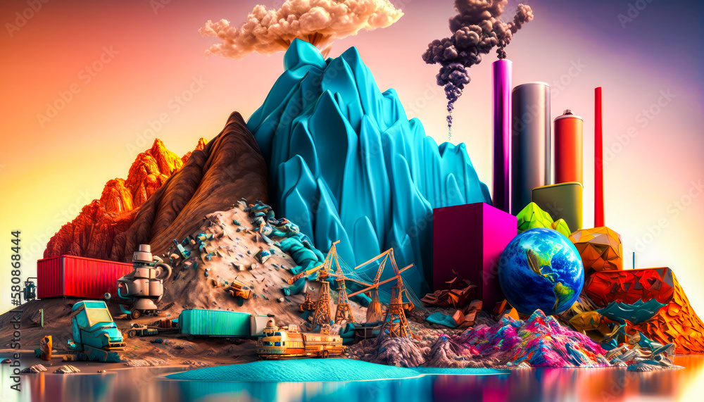 3d illustration of city with mountains and pollution. The supply of ...