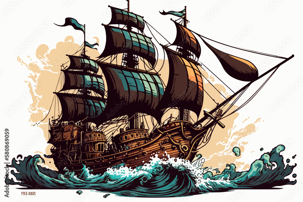 pirate ship sailing, vector illustration Stock Vector | Adobe Stock