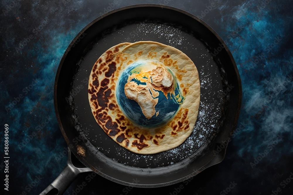 The planet earth in the form of a flat pancake is fried on frying pan ...