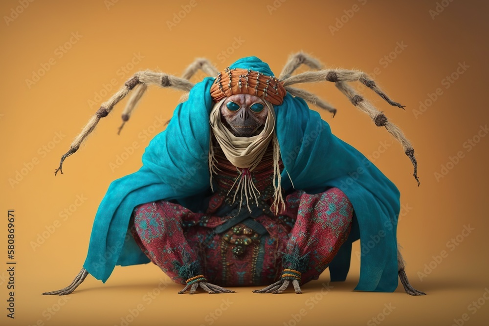 Studio portrait of spider in boho clothes doing yoga asana, created ...