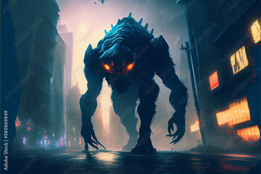 giant monster invading night city. science fiction. Futuristic scene ...