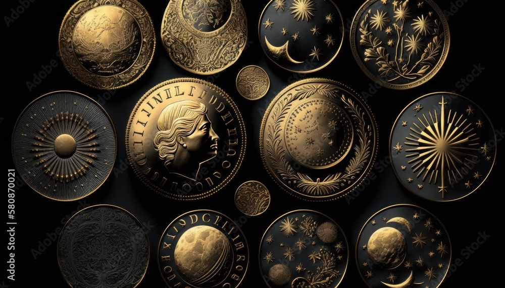 Ilustrace „A collection of shiny gold coins with intricate engravings ...