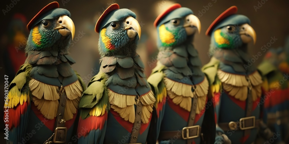Group of parrots dressed up in uniforms looking like in middle of a ...