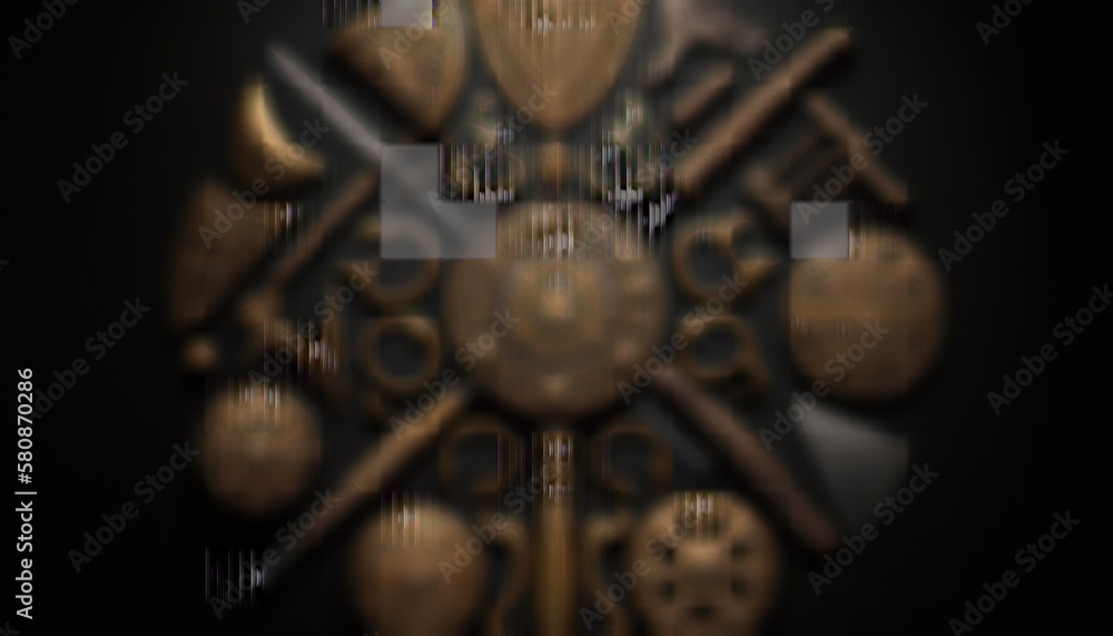 A set of medieval weapons including swords, shields and axes, arranged ...