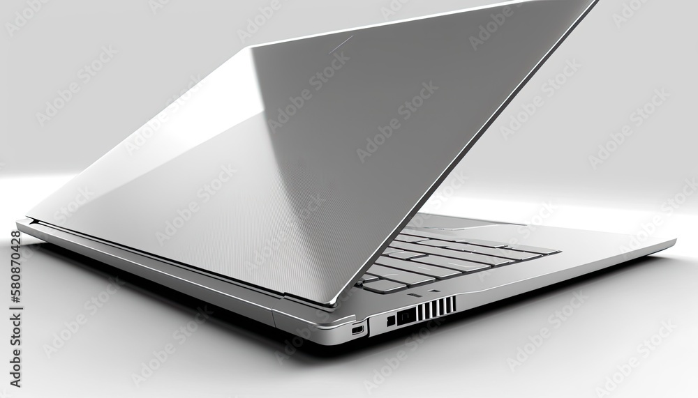 A sleek silver laptop on a white background. The lighting is soft ...