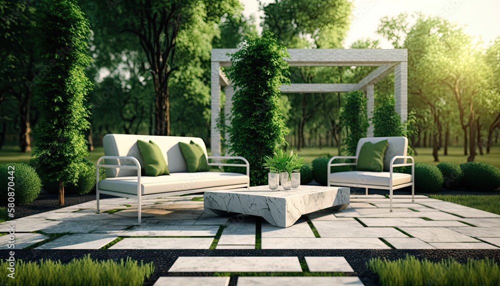 A stylish and modern outdoor lounge set up in a serene park, with the ...