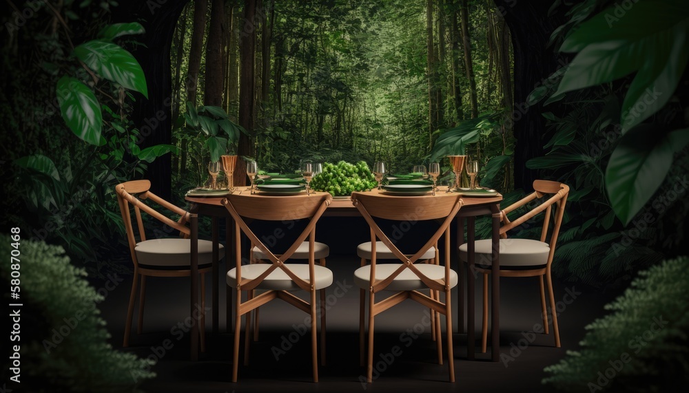 A wooden dining table set with matching chairs placed in the midst of a ...