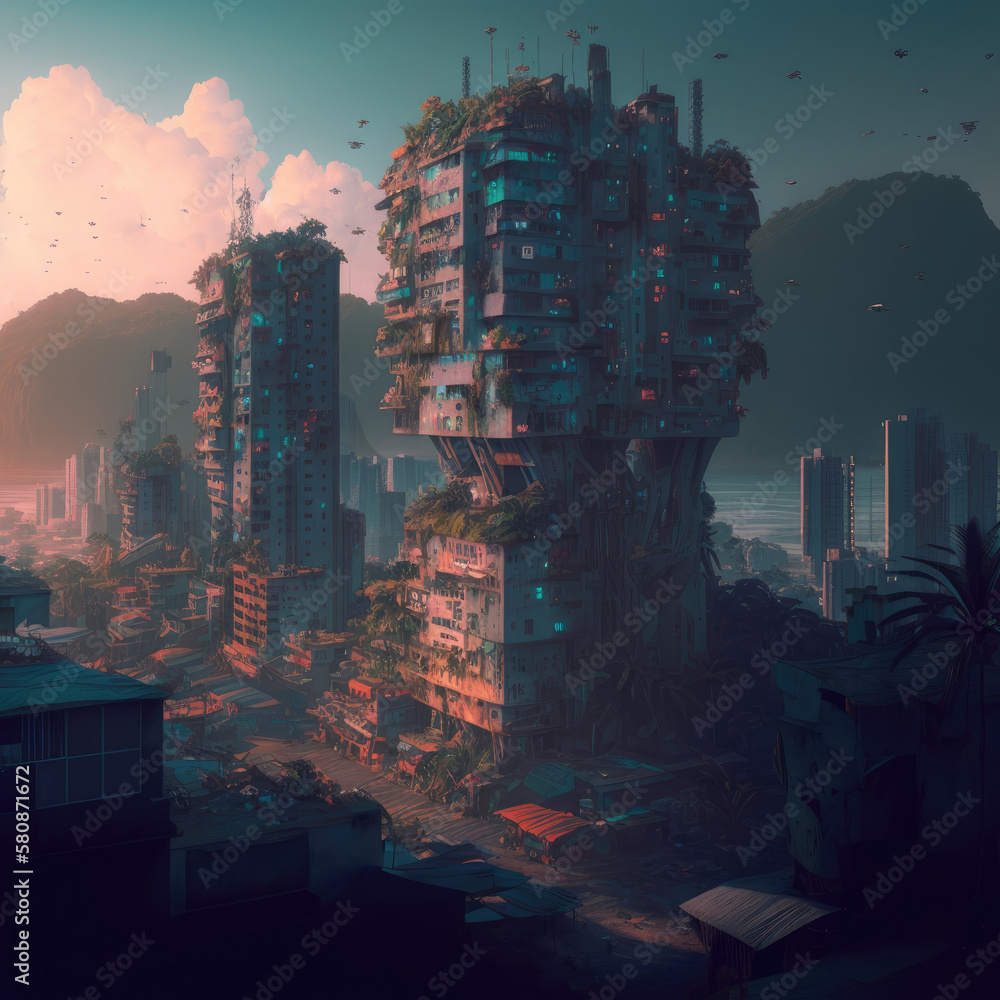 Cyberpunk Sunrise over Rio de Janeiro's Beach Slums: A Vibrant Tropical ...