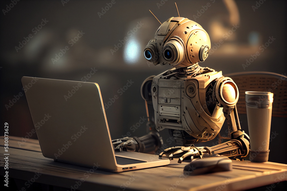 Robot hominoid use laptop and sit at table for global network ...