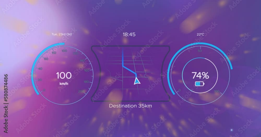 Animation of numbers in speedometer, map texture, arrow and loading ...