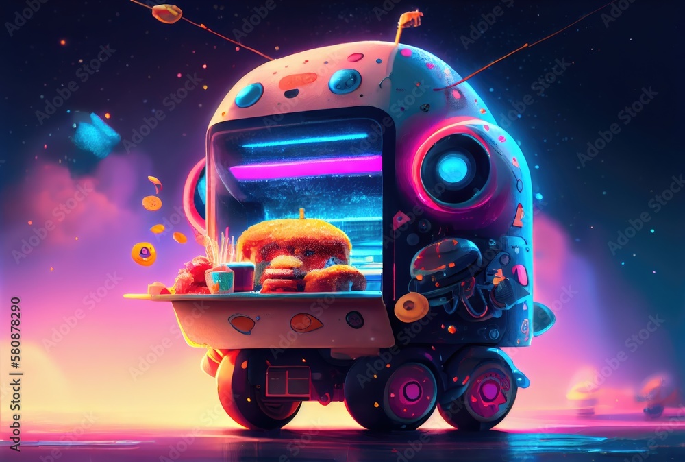 Mobile robot fast food vending machine stall kiosk and restaurant shop on modern background ...