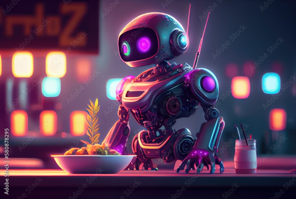 Cute robot eating food in the restaurant background. Technology and ...