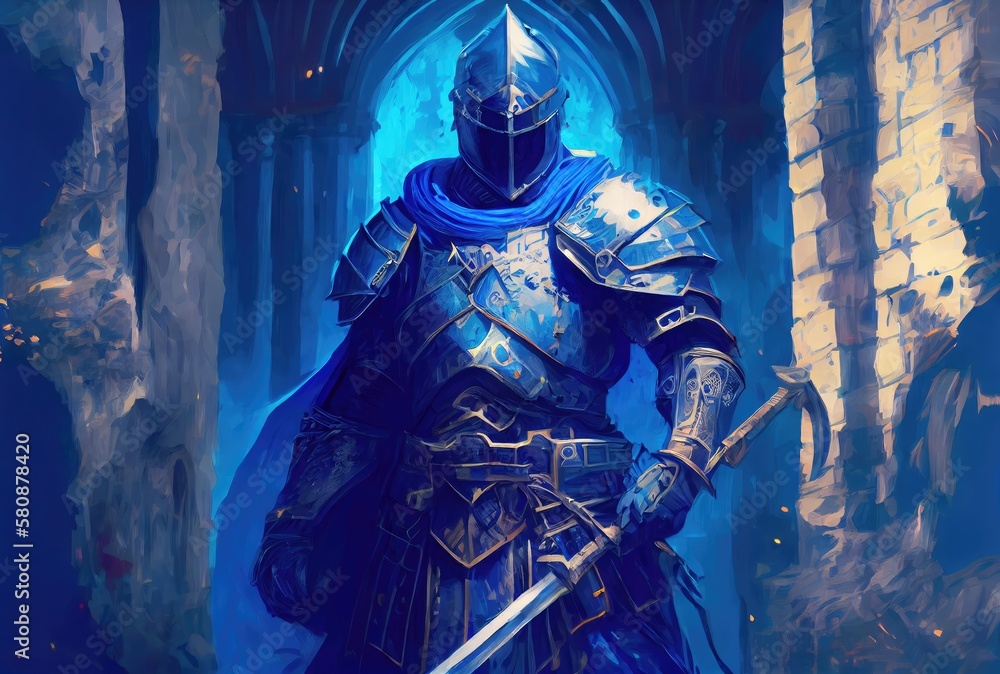 A knight in armor standing guard of the palace background. Medieval and ...