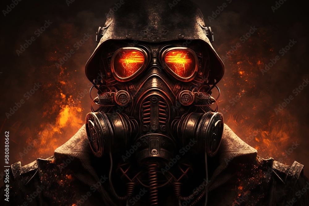 Illustration of a cyberpunk gas mask with the glowing eyes of a ...