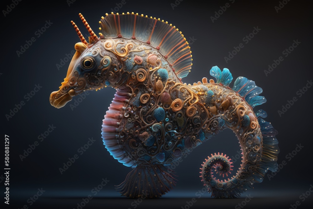 Fantasy sculpture of a hyper-detailed seahorse in beautiful color-coded ...