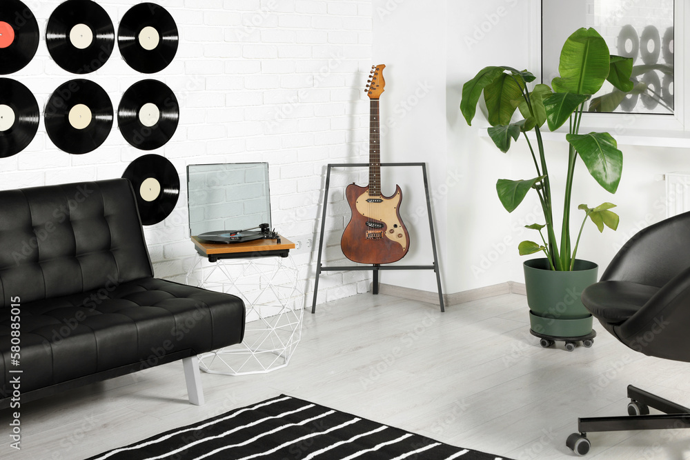 Living room decorated with vinyl records. Interior design Stock Photo ...