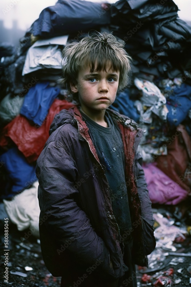 Poor little boy sad portrait in garbage dump on a rainy day. Generative ...