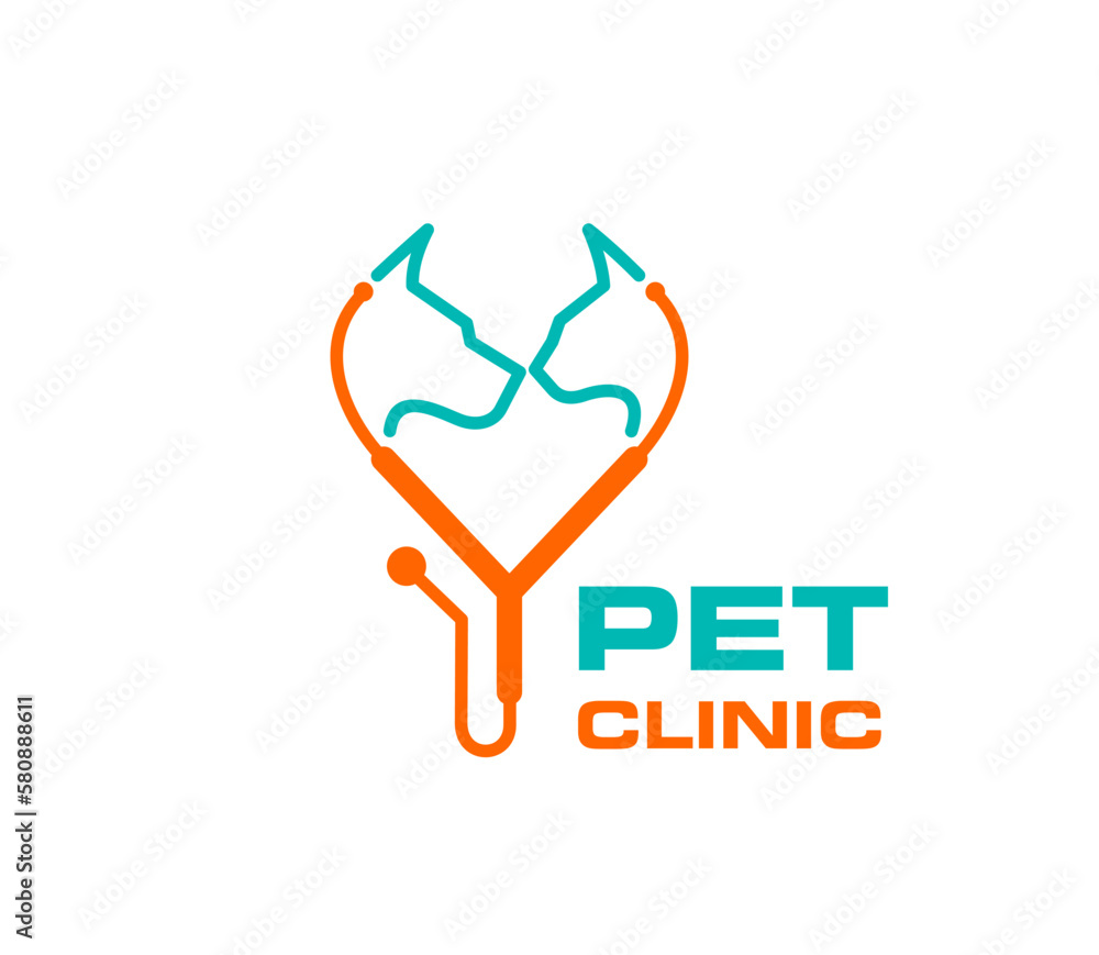 Pet clinic icon of dog and cat heads with veterinarian stethoscope ...