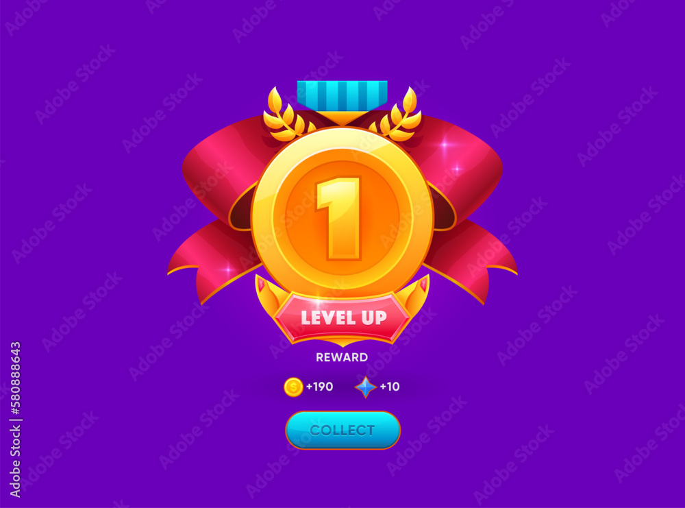 Level up award, cartoon vector online game reward point, golden trophy ...