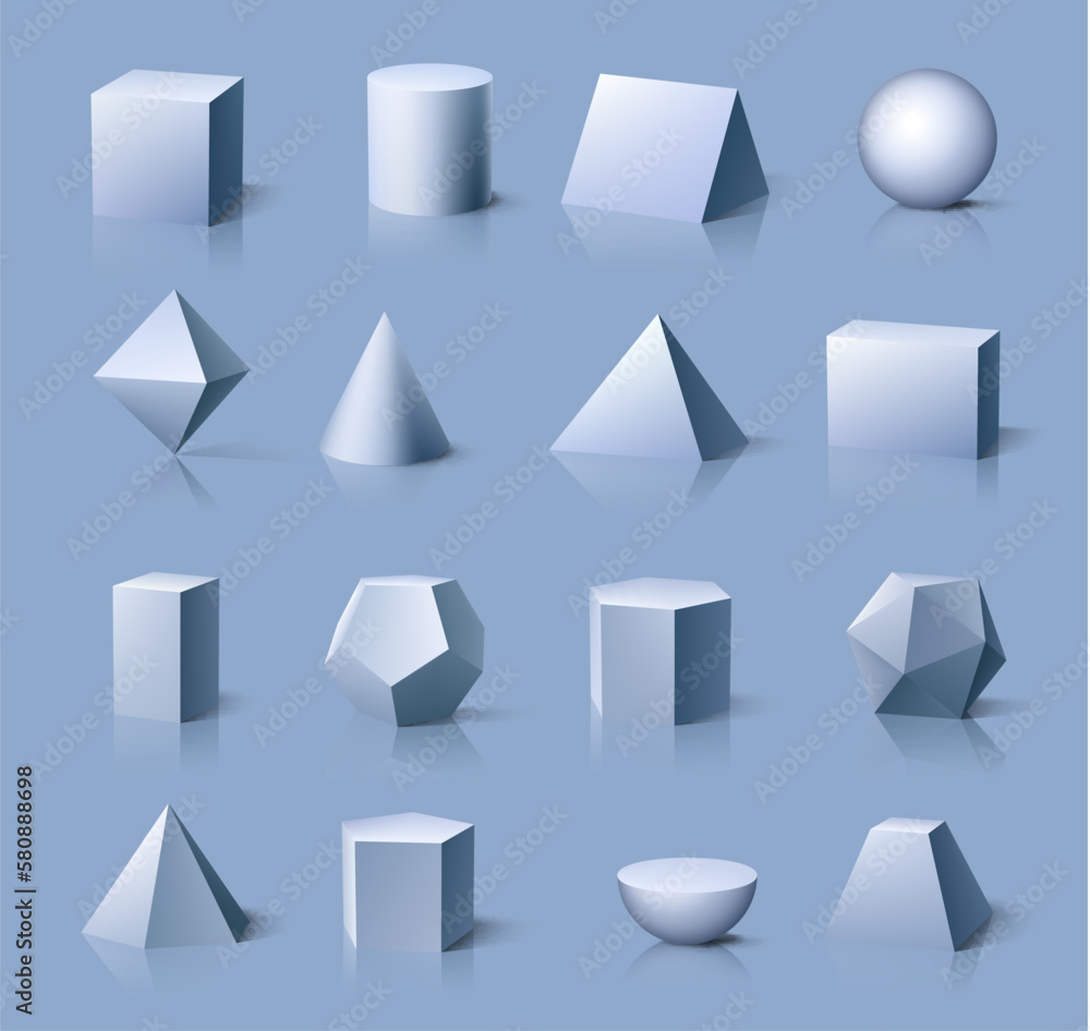 3D geometric shapes. Vector cube, cylinder and sphere, octahedron and ...