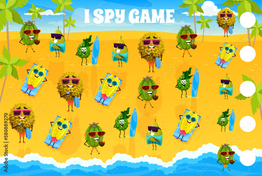 I spy game worksheet cartoon fruits characters on summer beach. Kids ...