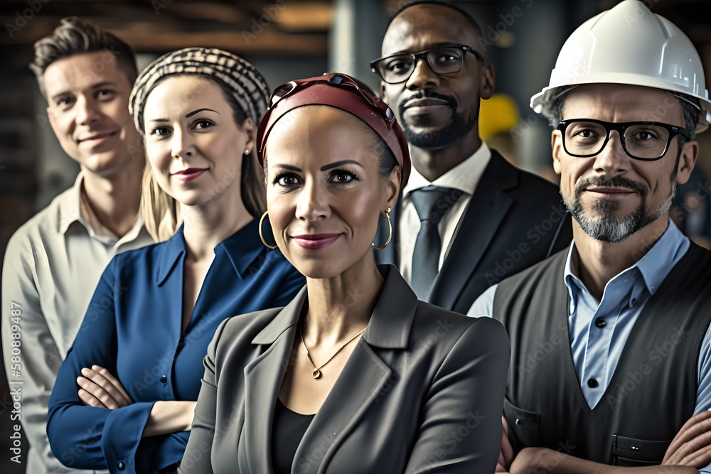 Ilustrace „A group portrait of a diverse factory workforce, people of ...