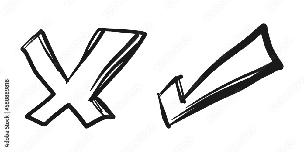 Doodle check mark and cross mark icon set. Tick symbol. checklist signs ...