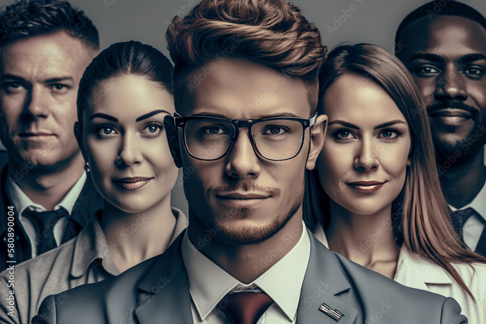 A group portrait of a diverse factory workforce, people of all races ...