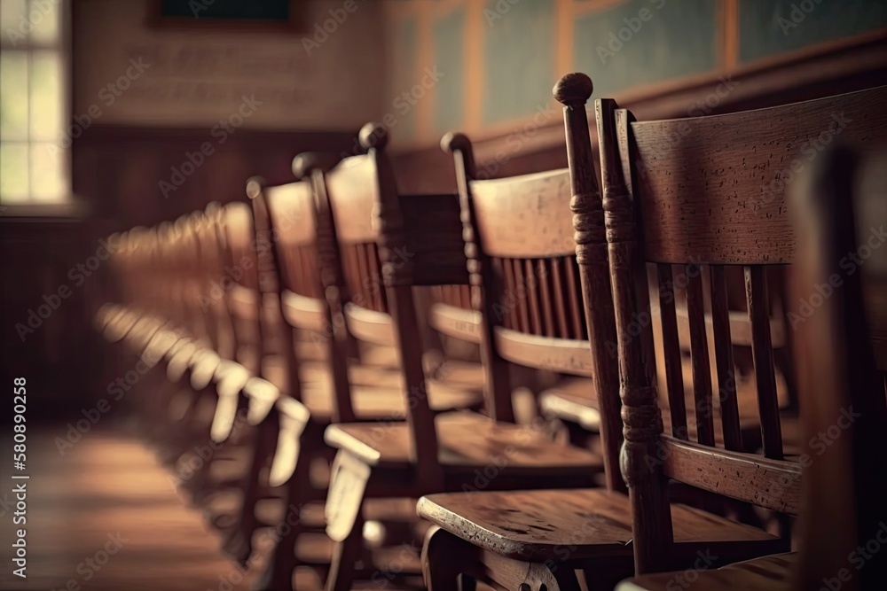 selective soft and blur focus.old wooden row lecture chairs in ...
