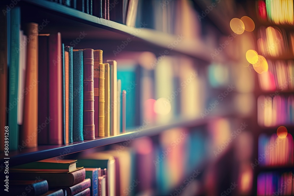 An image with a blurry background shows a library bookshelf with many ...
