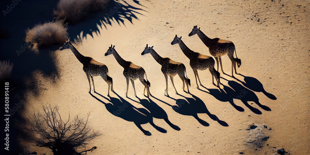 ภาพประกอบสต็อก Giraffe family with baby walks in savannah, casting long ...