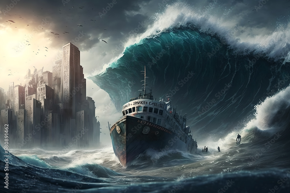 A huge ship with survivors trying to escape in very rough seas with ...