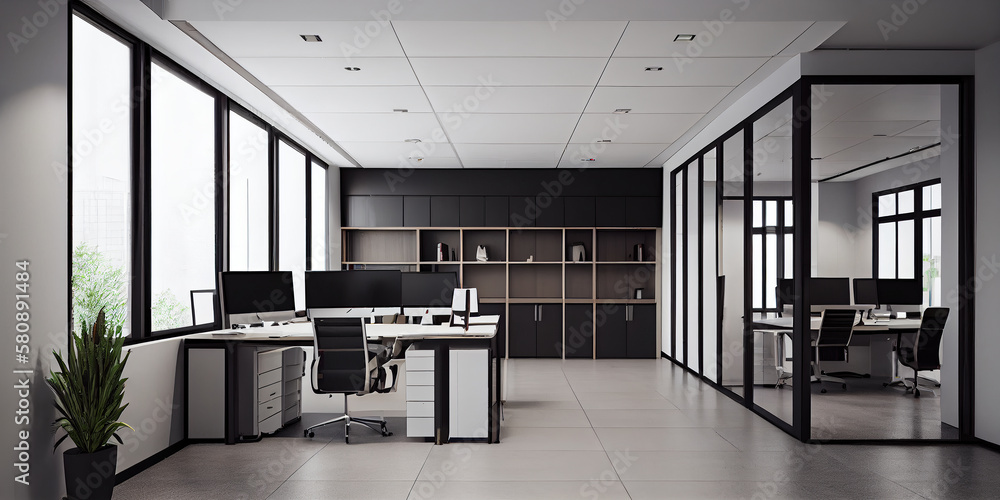 Modern urban company office interior with workstations and blank white ...