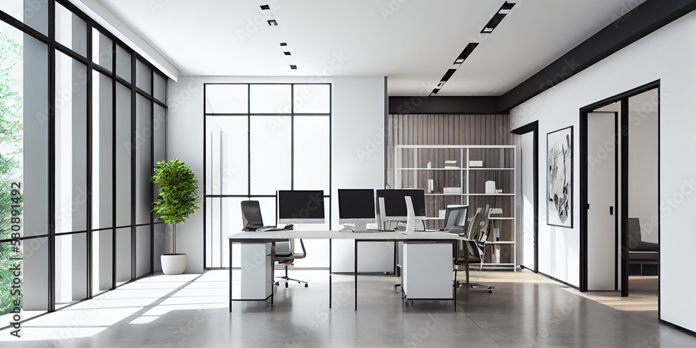 Modern urban company office interior with workstations and blank white ...