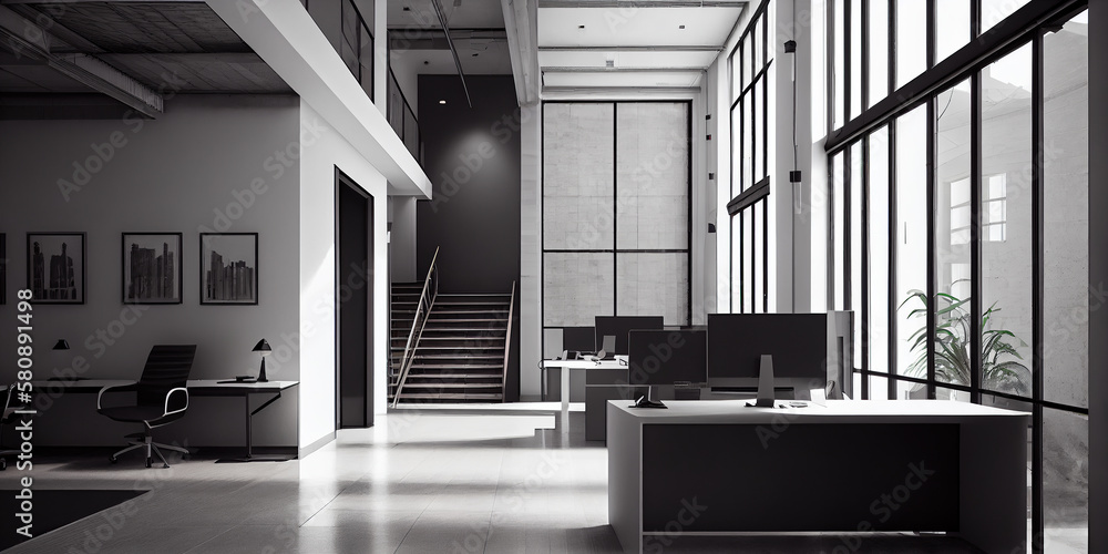Modern urban company office interior with workstations and blank white ...