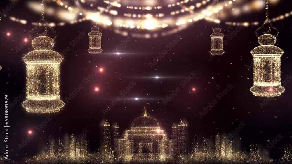 Islamic ramadan in white moon shape,dust particle background animation ...