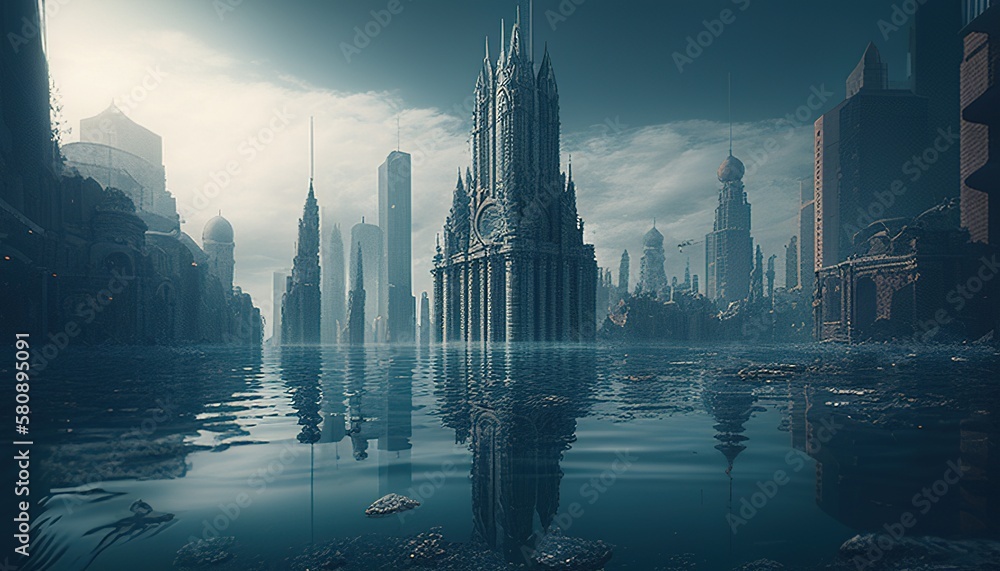 flooded city apocalypse digital art illustration, Generative AI Stock ...