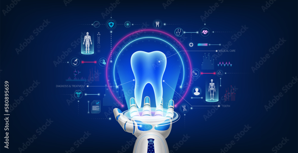 Futuristic medical cybernetic robotics technology. Human tooth virtual ...