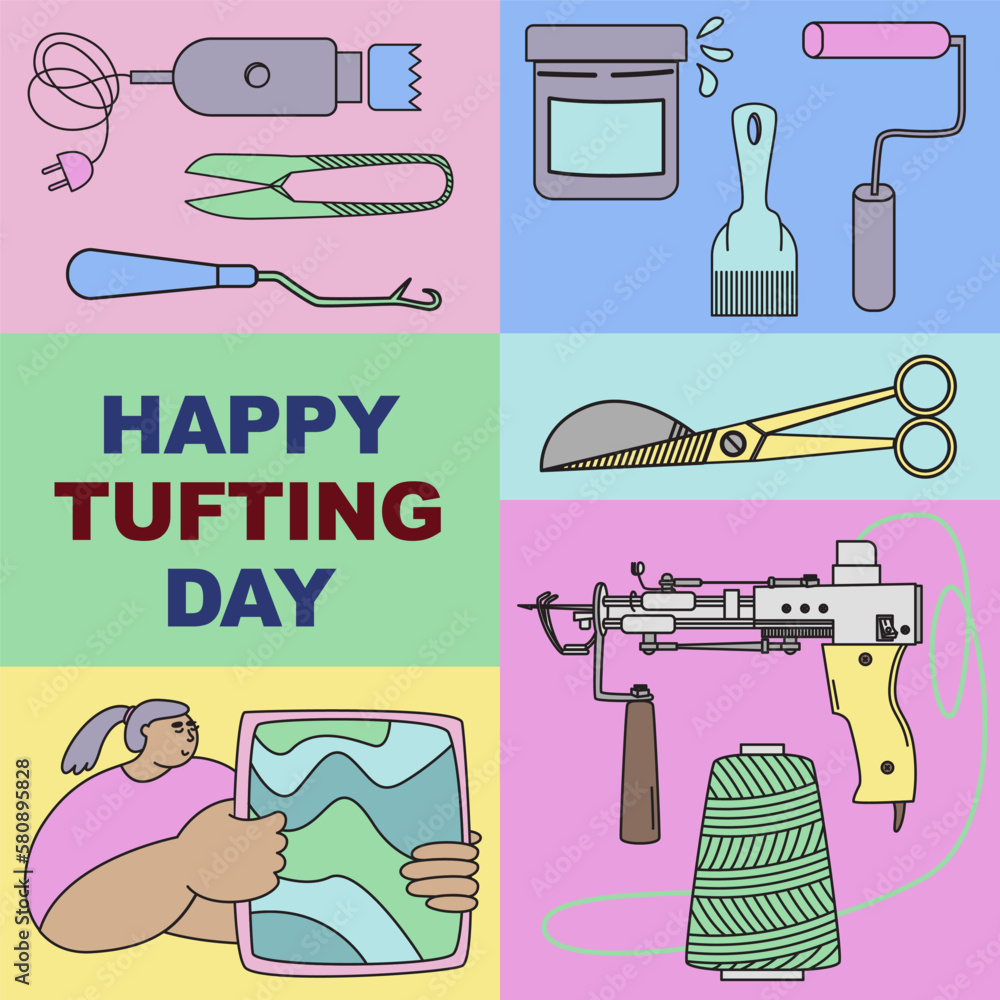 Happy tufting day postcard. Hand made textile manufacturing poster ...