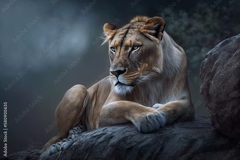 Illustrazione Stock Lioness on a rock, curled up. Predator sitting back ...