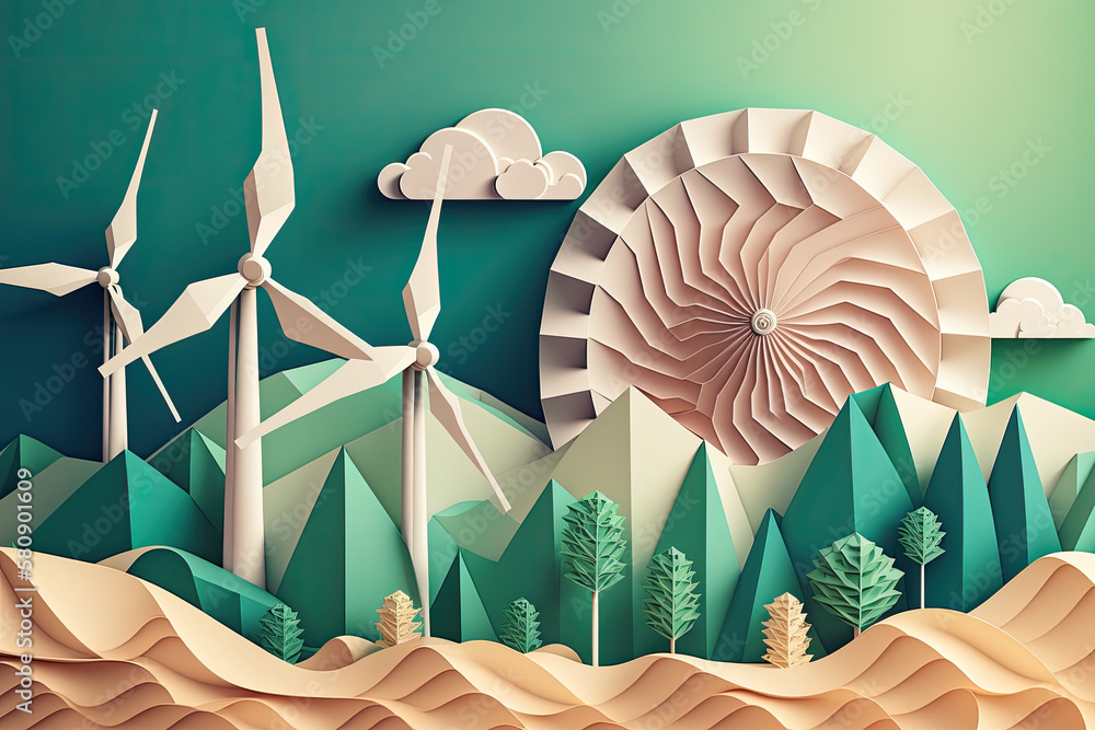 Paper art , renewable energy with green energy as wind turbines ...