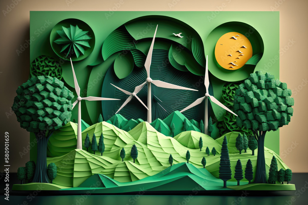 Paper art , renewable energy with green energy as wind turbines ...